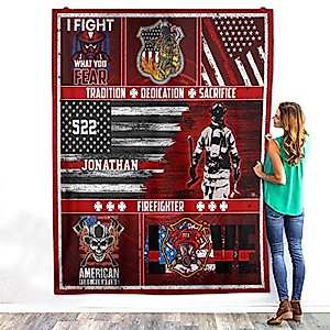 VTH GLOBAL Personalized Custom Name Unit Number Volunteer Firefighter Thin Red Line Redline Fireman American Flag Fleece Sherpa Throw Christmas Birthday Blanket Twin Queen Size Tapestry Wall Hanging