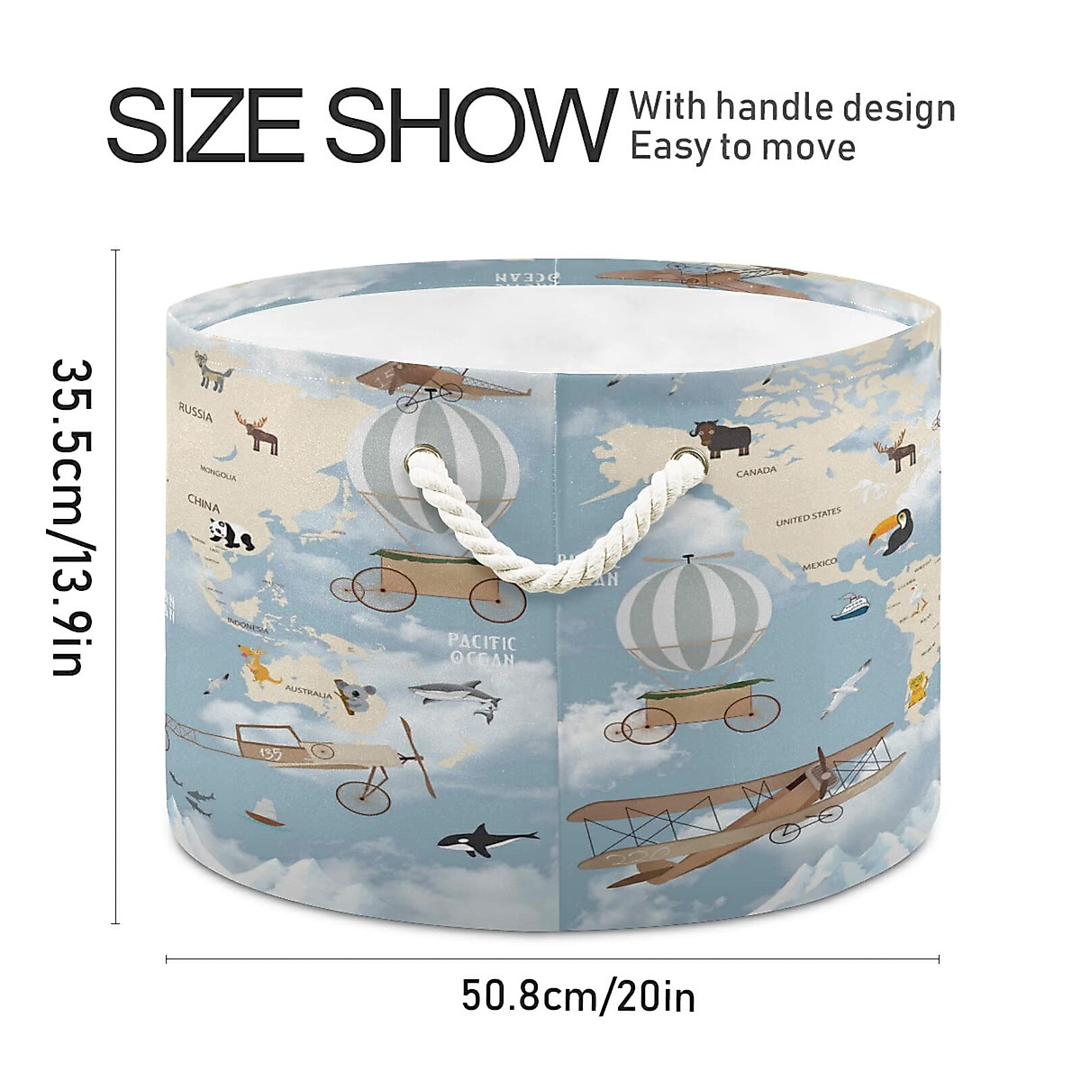 Extra Large Round Basket with Thick Thread Cotton Rope Handle - Animals Travel World Map Decor,Waterproof Canvas Blanket Clothes Laundry Basket Hamper,Nursery Kids Baby Toy Basket Home Organizing Stor