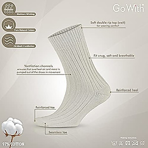 GoWith 5 Pairs Unisex Natural 97% Cotton Crew Socks, Comfy Cozy Breathable Seamless Casual Socks for Men & Women, Ecru, X-Small, Model 3013
