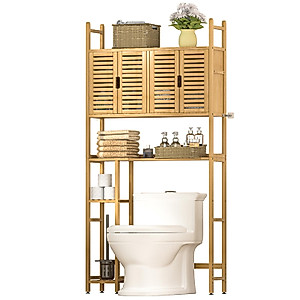 Cozivolife Over The Toilet Storage Cabinet with Toilet Paper Holder Stand,Bamboo Bathroom Organizer Shelf with Four Door and Waterproof Feet Pad,Space Saver Storage Rack with Anti-Tip Design (Natural)
