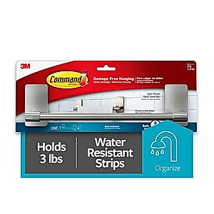 Command Hand Towel Bar Satin Nickel with 4 Water Resistant Command Strips, 9" Hand Towel Holder, Holds up to 3 lb, Great for Bathroom Décor on the Wall, Inside the Cabinet, or in the Shower