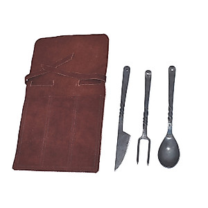 Viking Traders Hand-Forged Blacksmith Medieval Dining Hall Eating/Feasting Utensils set of 3 Piece Functional Fork Knife and Spoon Medieval Eating Set, with genuine leather pouch for easy carrying.