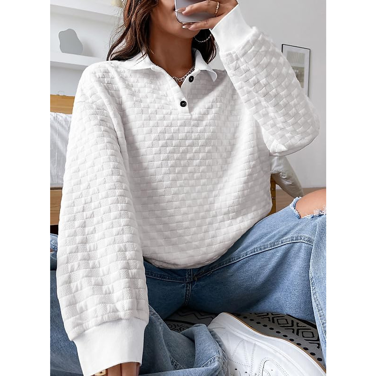 Dokotoo Womens Waffle Knit Tops Loose White Plus Size Oversized Sweatshirt for Women 2025 Fashion Fall Trendy Quarter Button V Neck Casual Patchwork Pullover Sweatshirts Shirts XXLarge