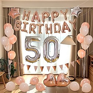 Rose gold 50th birthday decorations for woman number 50 happy birthday balloons letters for man balloon banner party Supplies for him