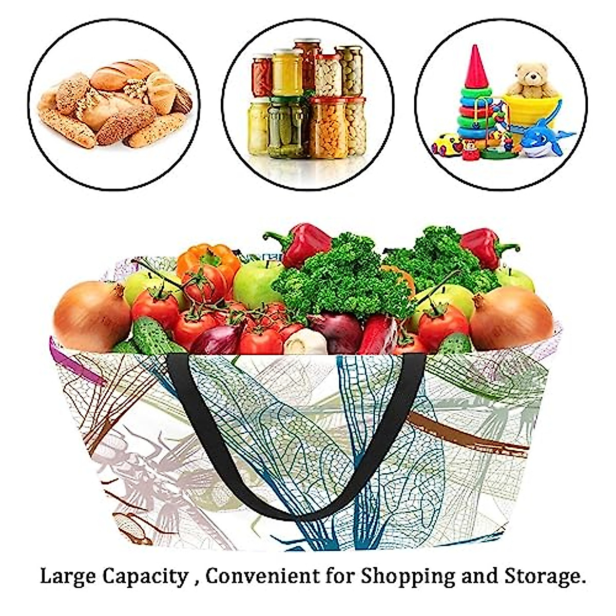 KQNZT Reusable Grocery Bags, Large Foldable Reusable Shopping Tote Bags Bulk for Groceries, Waterproof Kitchen Cloth Produce Bags with Long Handles, Retro Colored Dragonfly