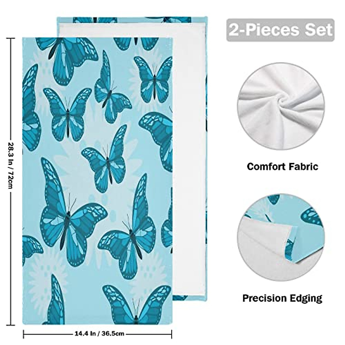 Kigai 2 Pack Pretty Blue Butterfly Hand Towels Set Kitchen Towels Super Soft Highly Absorbent Fingertip Towel for Bath,Kitchen,Gym and Spa