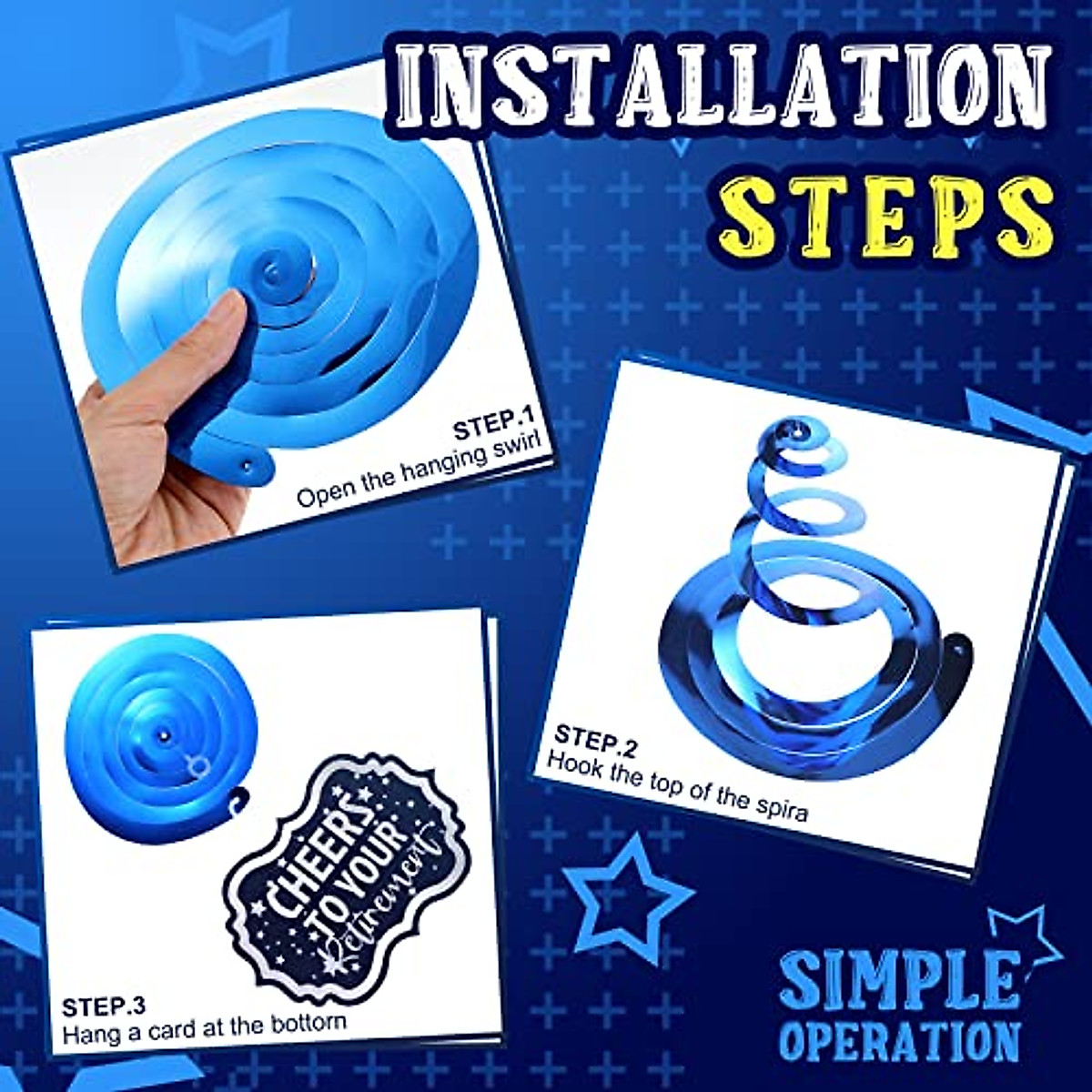 Hotop 30 Pieces Retirement Party Decorations, Blue and Sliver Retirement Party Supplies Happy Retirement Office Retirement Swirls Decorations Foil Ceiling Decorations for Men and Women