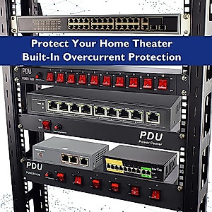 10 Outlet Horizontal 1U Rack Mount PDU Power Strip - Surge Protection,10 Individual Led Switches，AC 100V-240V-15A.for Network Server Racks, 6 Feet Heavy Power Cord