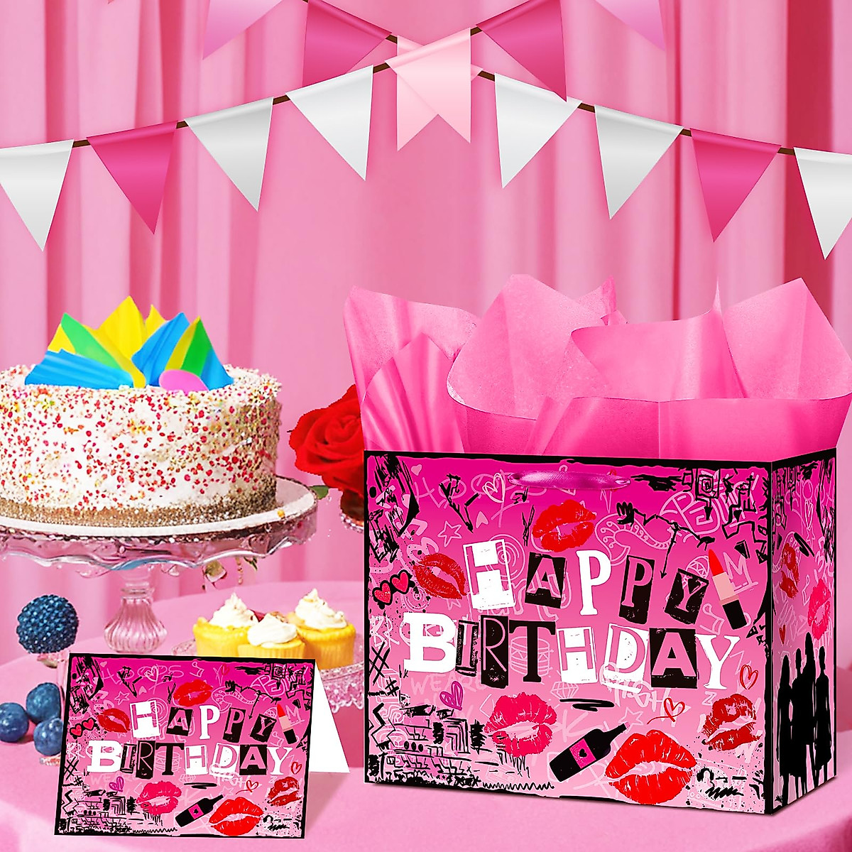 11.8”Large Pink Gift Bag for Girls Birthday, Happy Birthday Gift Bag with Greeting Card Tissue Paper Pink Black Women Birthday Gift Wrapping Paper Bags for Girl Birthday Decorations Party Supplies