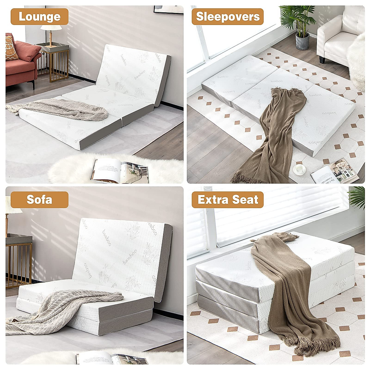 KOMFOTT 4” Tri-Folding Mattress with Storage Bag Full Size, Cool Gel Memory Foam Mattress with Bamboo Cover, Portable Floor Mattress for RV’s, Camping, Sleepovers, Guest Room, CertiPUR-US Certified