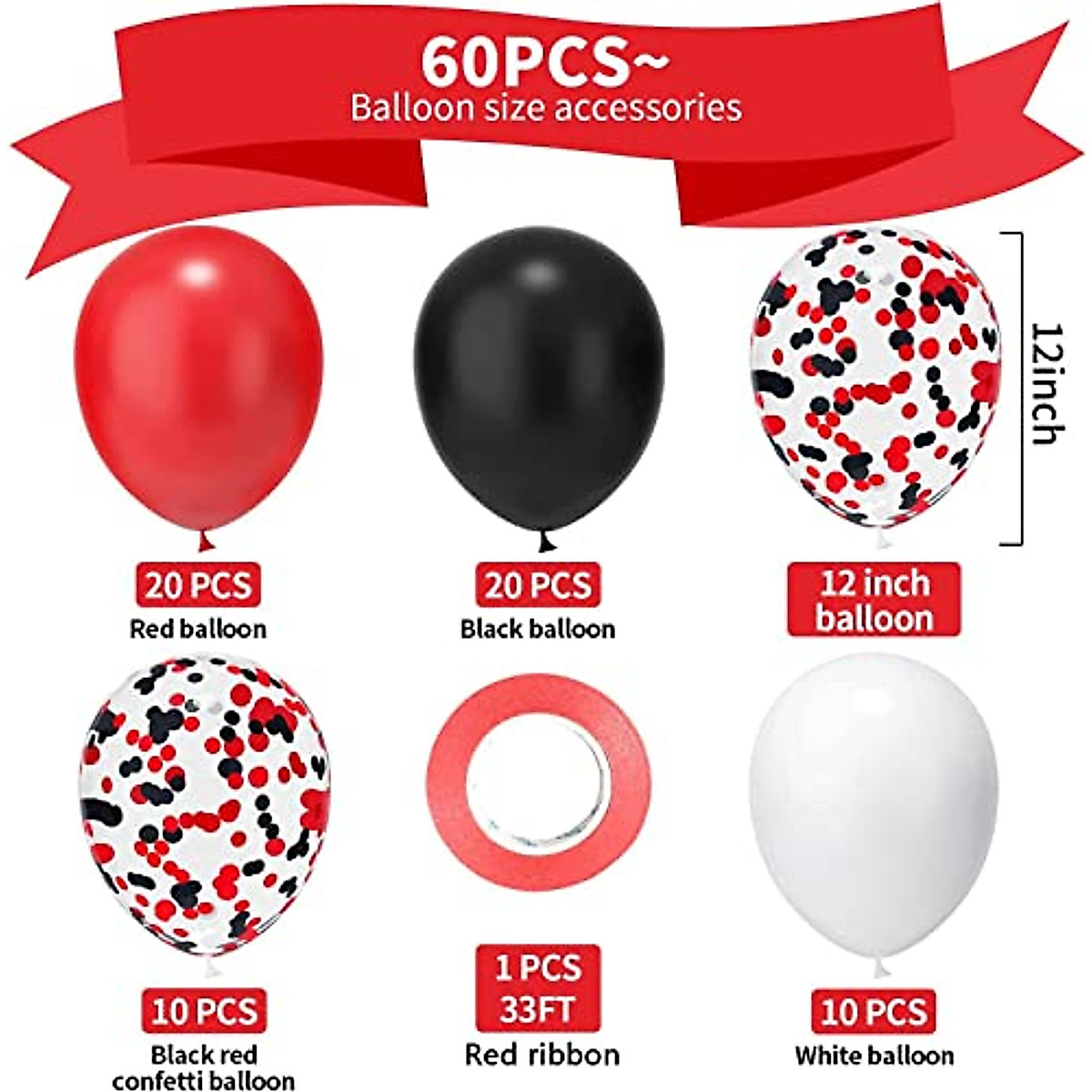Black and Red Confetti Balloons, 60Pcs 12Inch Black and Red Confetti Party Balloons, Suitable for Graduation, Mother's Day, birthday, Wedding, Engagement, Corporate Events and Other Decorations.