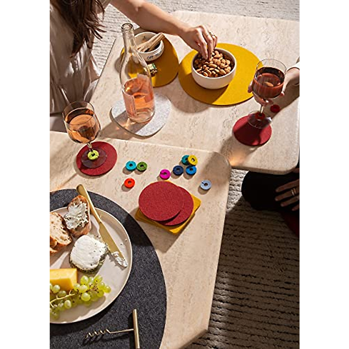 Graf Lantz Bierfilzl 100% Merino Wool Moisture Wicking, Absorbent Felt Coasters, Round, Multi-Color Set of 6, Rainbow