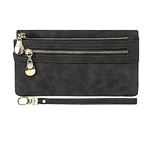 Soft Leather Long Wallet Wristlet with hand Strap Clutch Bag for Women Card holder Phone Bag (Black)