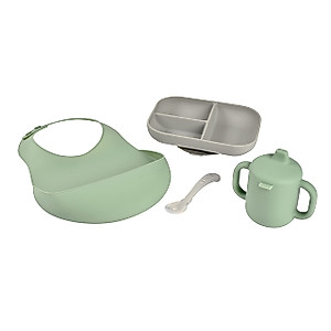 BEABA The Essentials Silicone Meal Set of 4, 100% Silicone Baby Plate Set - Dishwasher Safe, Soft, Unbreakable - Includes Siicone Plate, Sippy Cup, Bib and Spoon, Grey/Sage