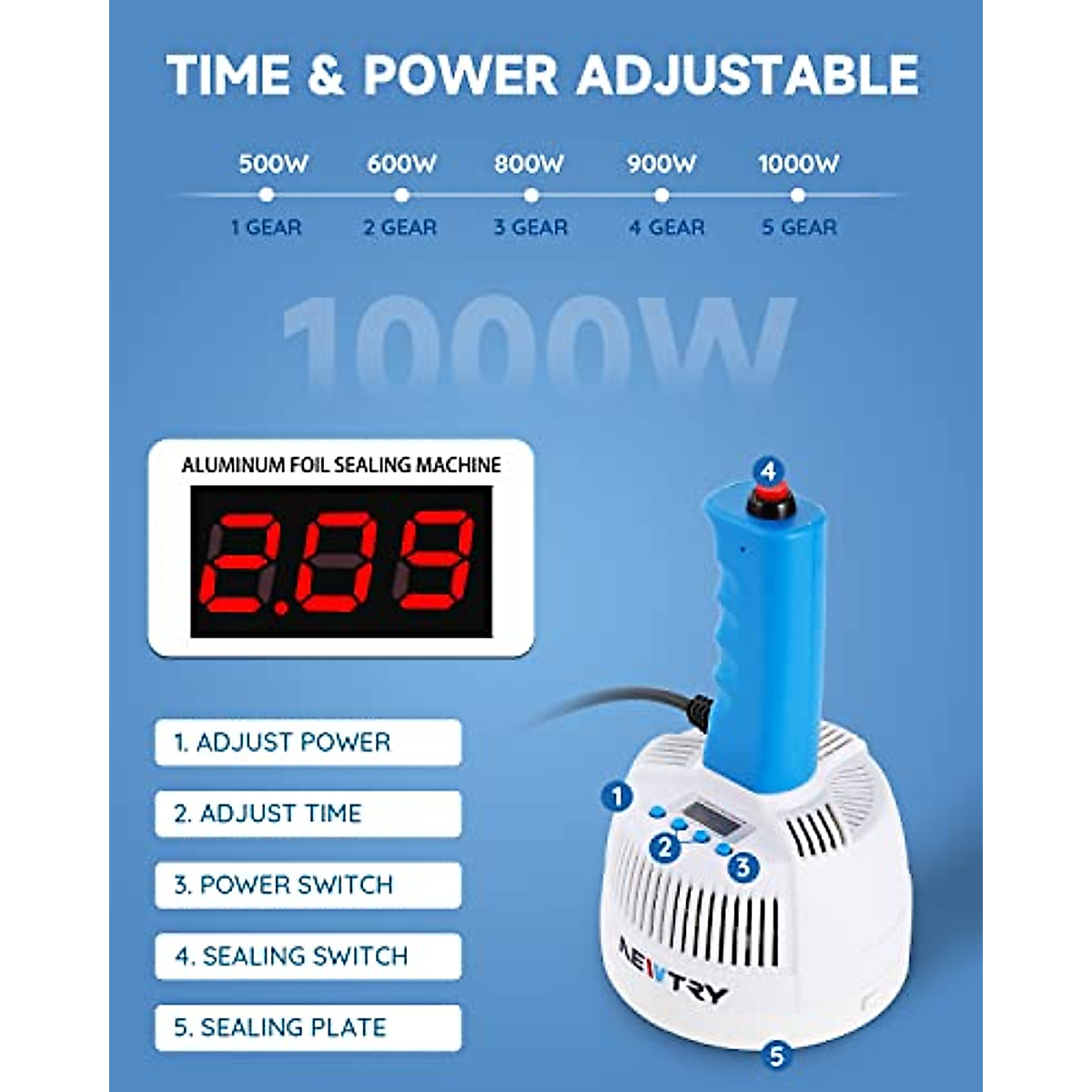 NEWTRY Induction Sealer Heat Handheld Sealing Machine Diameter 0.79’’-3.94’’ Electromagnetic Manual Power & Time Adjustable for Plastic Glass Bottles Caps(110V US Plug)