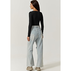 QINSEN Women's High Waist Seamless Slimming Fit Shirt Long Sleeve V Neck Bodysuit Top Black S