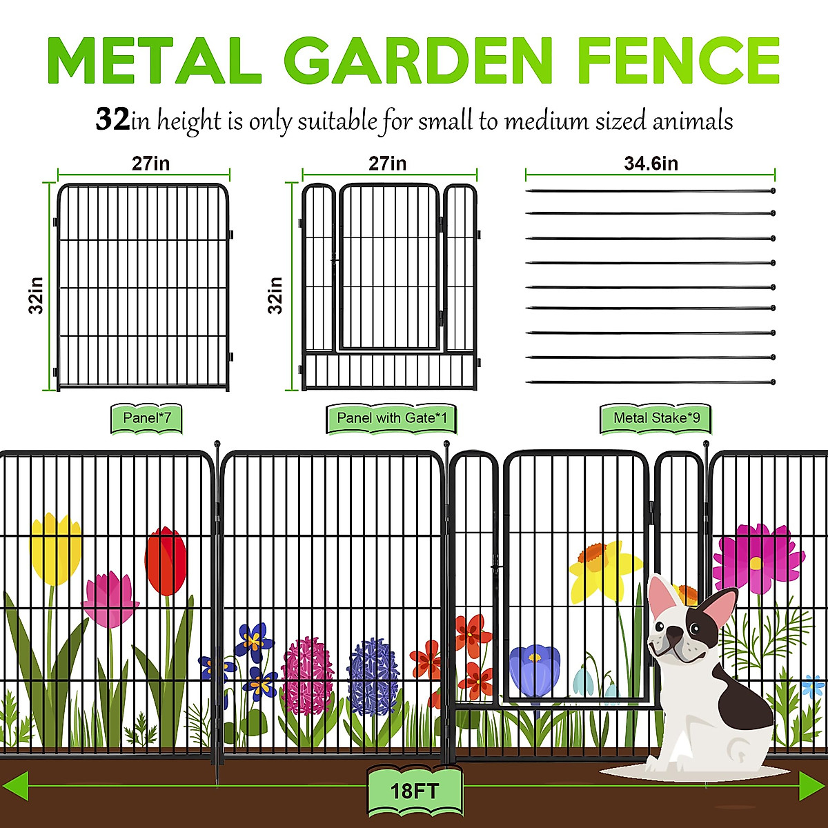 Rengue Garden Fencing, Decorative Garden Metal Fence, 18ft(L)×32in(H) Animal Barrier Garden Fence with Gate, Heavy Duty Iron Fencing for Dogs, Outdoor, Yard (8 Panels)