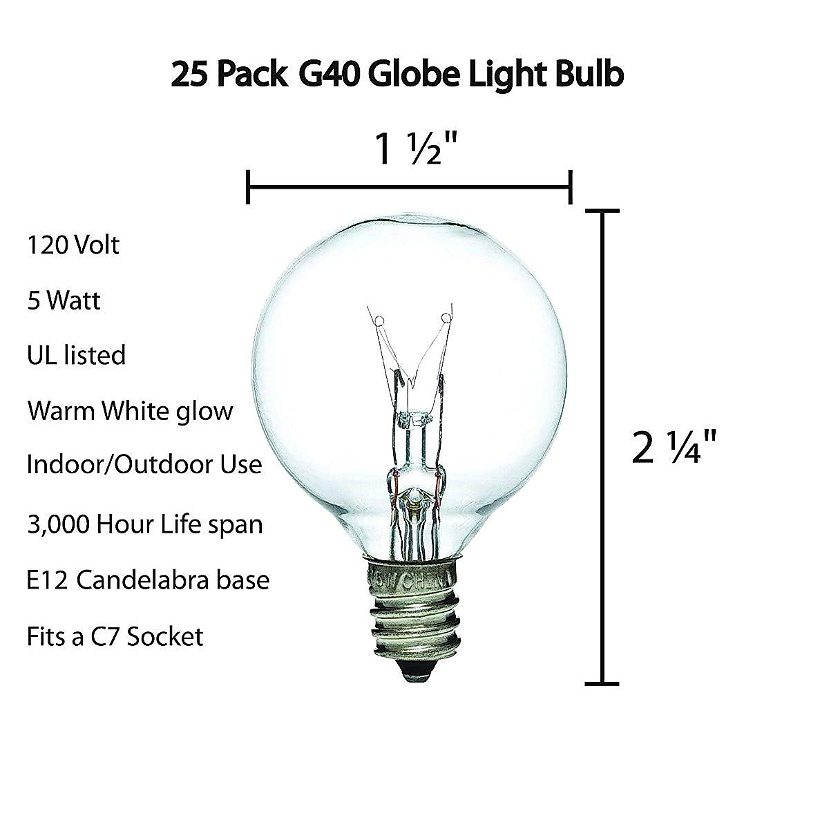 SUNSGNE 25 Pack G40 Replacement Bulbs 5W Clear Globe Bulbs 1.5-Inch String Light Replacement Bulbs for Indoor Outdoor Patio Decor- Fits E12/C7 Candelabra Screw Base Sockets, Warm White
