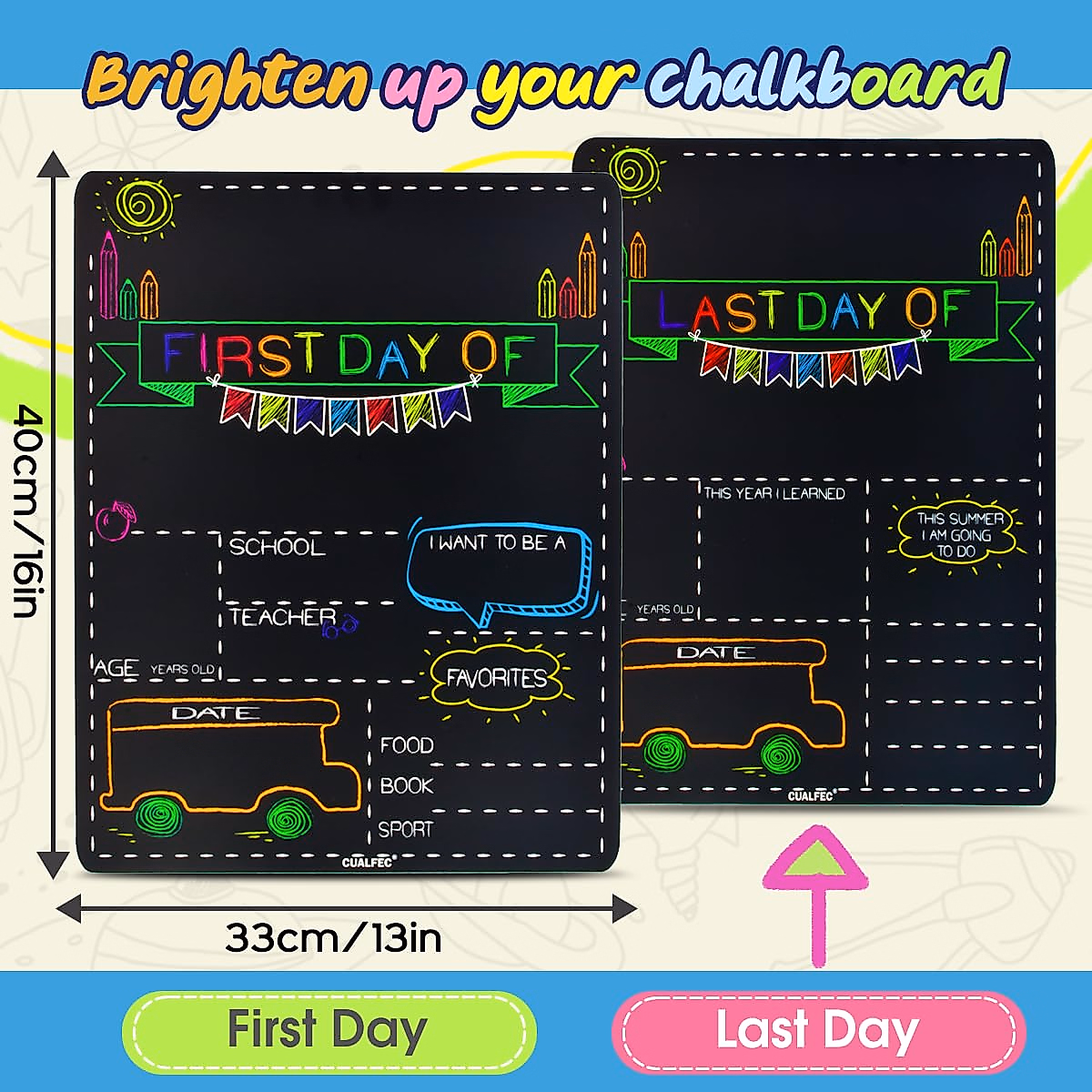 Personalized First Day and Last Day of School Sign 13" x 16" Large Chalkboard Style Photo Prop Back to School Supplies - 2 Pcs