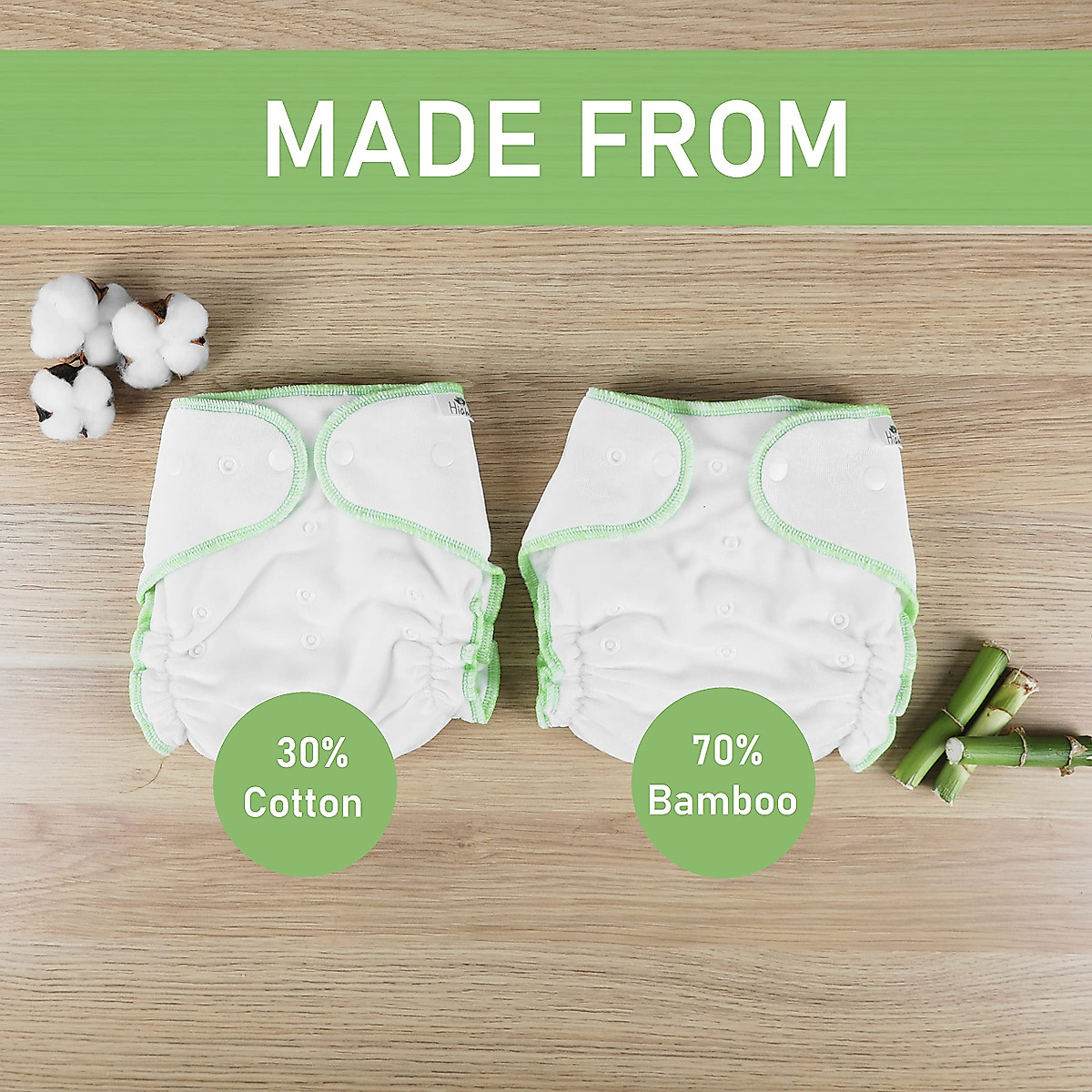 Hiamo Extra Absorbent Fitted Cloth Diapers - Overnight Cloth Diapers for Heavy Wetters - Bamboo and Cotton Blend - One Size with Adjustable Snap Buttons - Set of Two Diapers