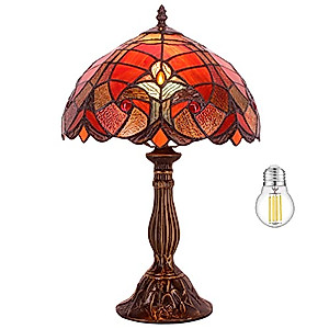 WERFACTORY Tiffany Lamp Red Liaison Stained Glass Table Lamp Desk Bedside Reading Light 12X12X18 Inches Decor Bedroom Living Room Home Office S160R Series