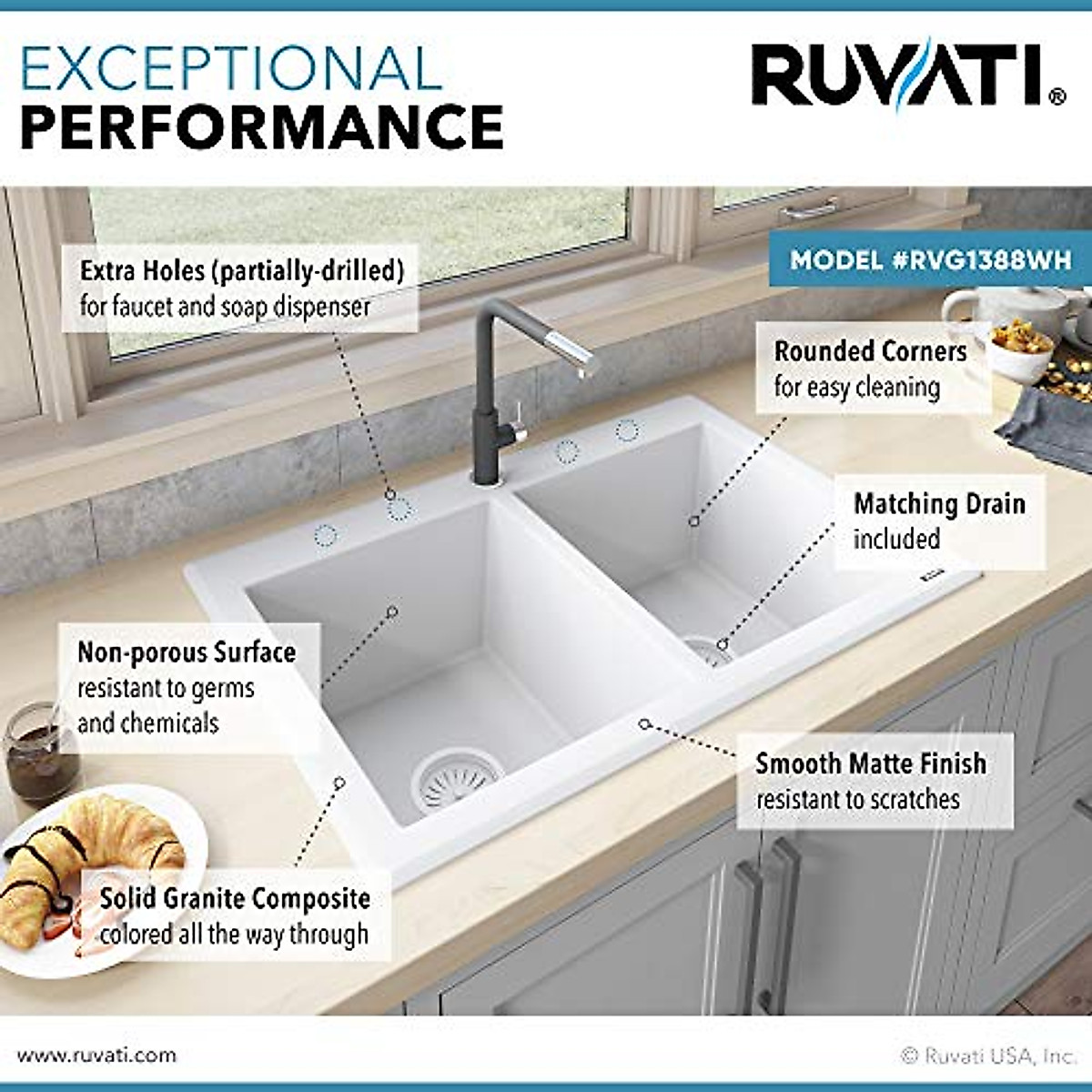 Ruvati 33 x 22 inch Drop-in Topmount Granite Composite Double Bowl Kitchen Sink - Arctic White - RVG1388WH