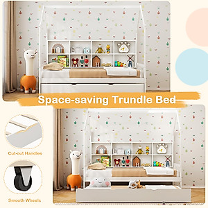 Giantex Twin House Bed with Trundle, Wood Daybed with 8 Cube Storage Bookcase, Montessori Bed, Tent House Bed for Kids Girls Boys, No Box Spring Needed, White