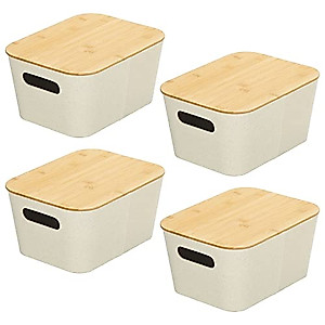 mDesign Fabric Basket with Lid - Wide Stacking Decorative Storage Box Bins with Covered Bamboo Lids for Closet, Bedroom, Living Room or Office - Holds Clothing and Accessories, 4 Pack, Cream