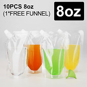 Reusable and Concealable Cruise Sneak Flask, Liquor Pouches Drinking Flasks Kit, Rum Runner Plastic Bags for Sneak Booze, BPA-Free (8OZ-10PCS+Funnel)