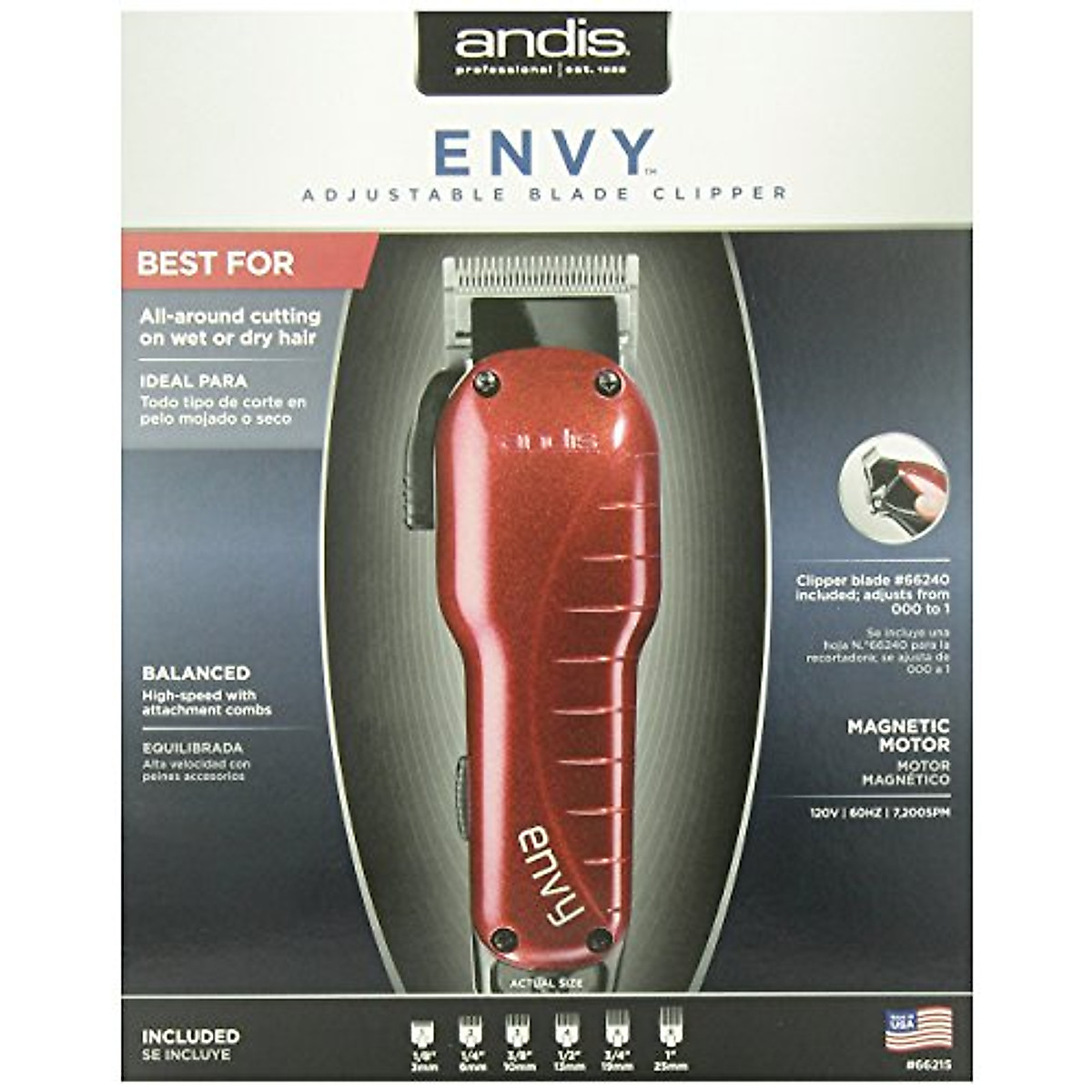 Andis 66215 Professional Envy Hair Clipper – High-Speed Adjustable Carbon-Steel Blade with Powerful Motor, 7200 Cutting Strokes Per Minute, Hanger Loop with Balanced Clipper Red & Black