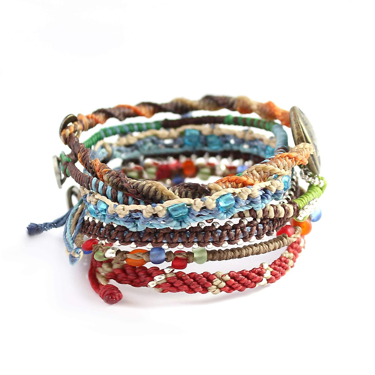 Wakami Earth Handmade Boho Bracelets Set of 7 | Braided Indie Bracelets for Women and Men | Beaded, Stackable, Handmade by Artisans, Waterproof Waxed Thread | EARTH