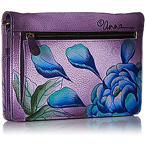 Anna by Anuschka Women's Hand-Painted Genuine Leather Flap Organizer Wallet - Precious Peony Eggplant