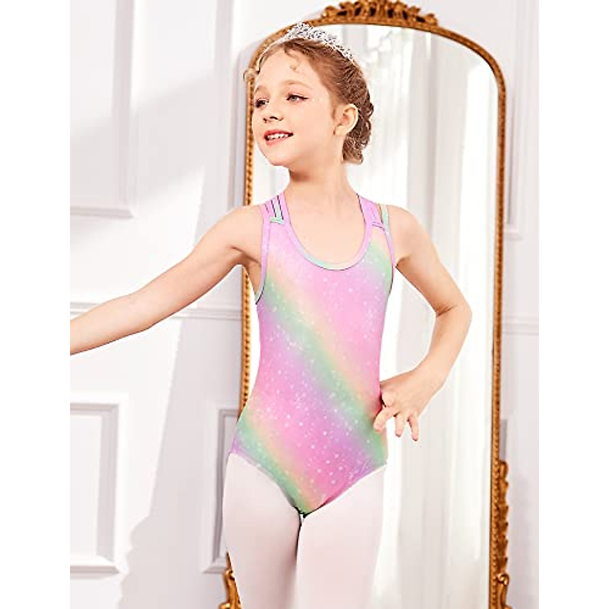 Arshiner Girls Sleeveless Gymnastics Ballet Dance Leotard Cross Strap Leotards Cute Pink Rainbow 10 3-4T1 Years