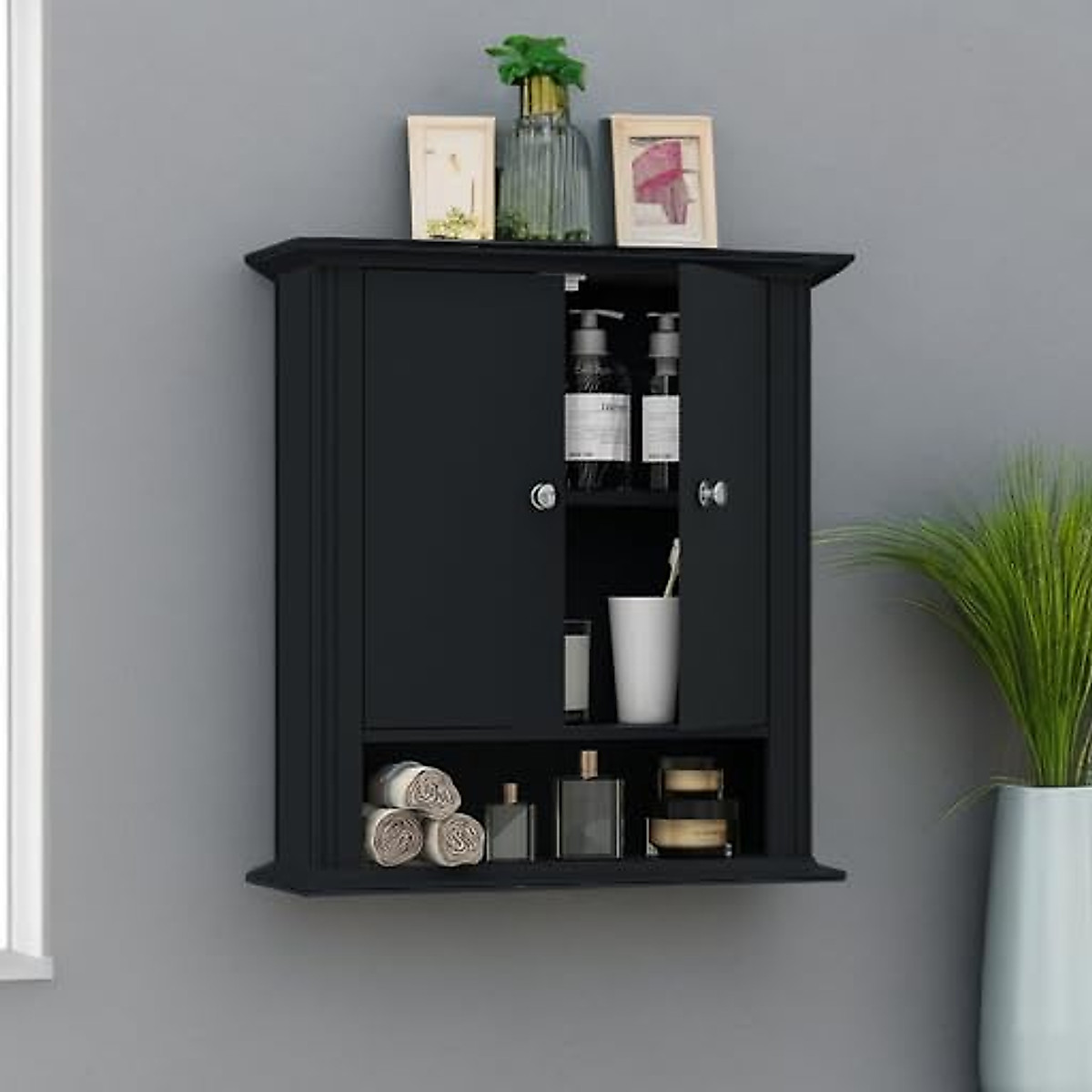 UYIHOME Wall Mounted Bathroom Medicine Cabinet with 2 Doors, Hanging Bathroom Wall Cabinet Over Toilet, Upper Cabinet Storage Cupboard for Bathroom Kitchen Laundry Room, Black, MC001