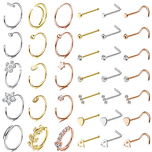 Drperfect 36Pcs 20G Nose Rings Hoop L Shape Screw Bone Nose Studs Stainless Steel Nose Rings Nostril Piercing Jewelry Silver Gold Rose Gold Tone Set Body Jewelry for Women Men