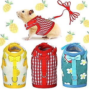 3 Pieces Guinea Pig Harness with Leash Small Pet Harness Fruit Plaid Pattern Adjustable Padded Walking Vest for Pet Hamster Ferret and Squirrel Small Animals (Pineapple, Red Plaid, Strawberry, Small)