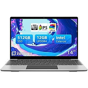 jumper Laptop, 12GB LPDDR4 RAM 512GB SSD, 14 Inch Laptops Computer with Intel Celeron Quad-Core Processor, 1080p FHD IPS Screen, UHD Graphics 600, 2.4G/5G WiFi, Stereo Speakers, Type-C.