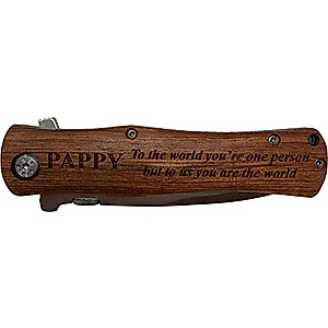 Pappy - to the world you're one person but to us you are the world Stainless Steel Folding Pocket Knife with Clip, Wood