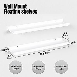 Boswillon 24 Inches Long Floating Shelves Wall Mounted, 2 Set Modern White Wall Shelf for Bedroom, Nursery Book Shelf with Lip, Picture Ledge Shelf for Wall Decor Living Room Bathroom Kitchen - White