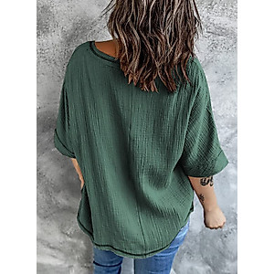 Dokotoo Womens Juniors Elegant Casual Spring Summer Shirts and Blouses for Women 2023 T-Shirts V Neck 3/4 Sleeve Cotton Tunic Tops Loose Shirts with Pocket Green Large