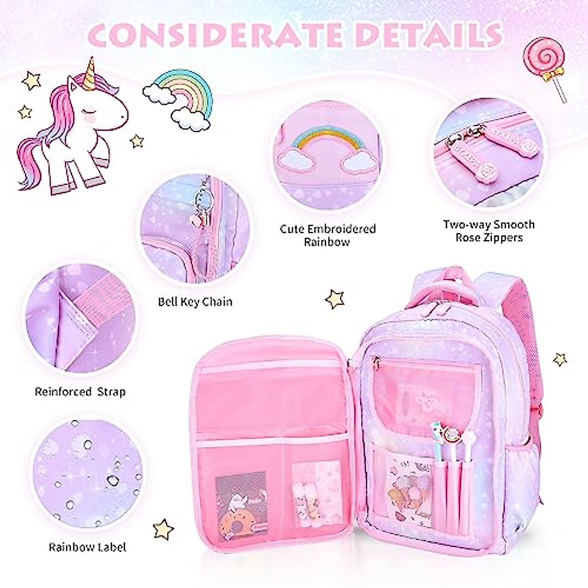 BYXEPA Girls Backpack, School Kids Backpacks, Cute Book Bag with Compartments for Teen Girl Kid Students Elementary Middle School(Purple)