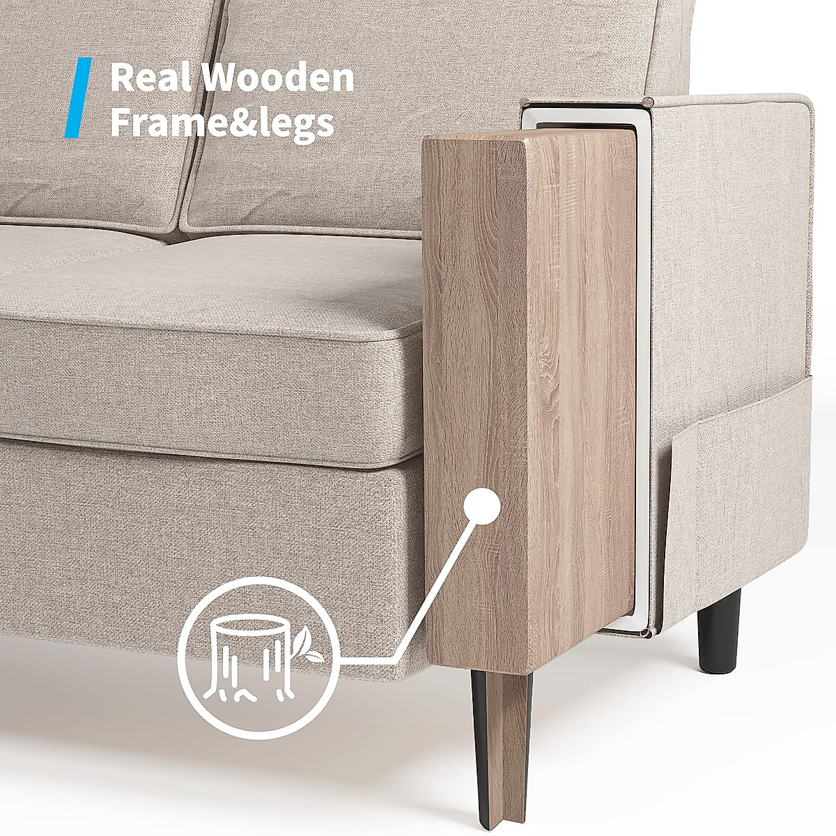 Mjkone Loveseat Sofa with 2 Storage Side Pocket, 54.7'' Modern Fabric Love Seats, Easy Assembly/High Resilience Sponge/Real Wooden Frame and Solid Wood Sofa Legs(Beige, Loveseat)