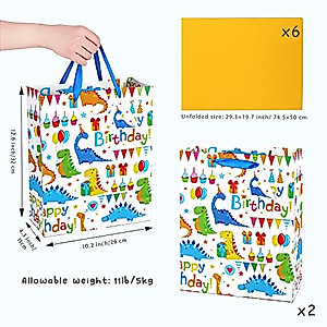 Aiikid 2 Pack Large Gift Bags with Tissue Paper 10.2 x 4.3 x 12.6 Inch Colorful Dinosaur Birthday Gift Bag Goodie Bags for Kids