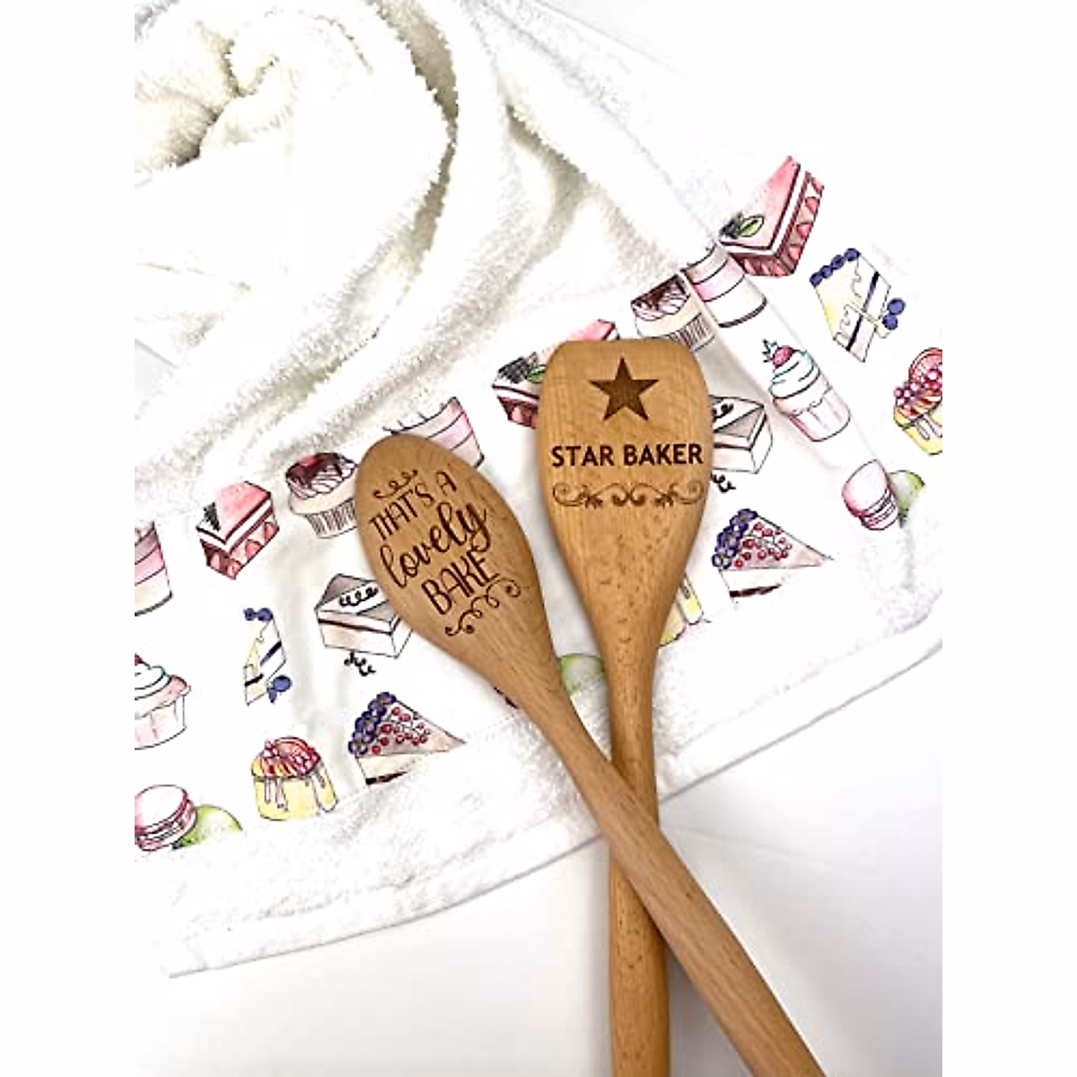 Star Baker Wooden Spoon Dishtowel Set, Laser Engraved Spoon Towel Gift Set, Star Baker Baking Gift for Baking Show Fans, Pastry Dishtowel, Baking Gift for Bakers, Personalization Optional