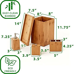 Seville Classics Bamboo Wood Bathroom Vanity Organizer Set with Soap Dispenser & Tooth Brush Trash Bin, Cotton Ball & Q-Tip Holder, Towel Tray, 5 Piece