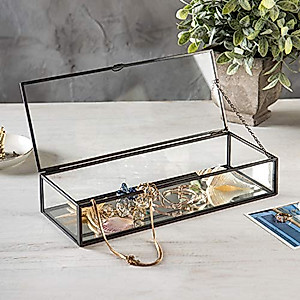 MyGift Glass Jewelry Box, Vintage Style Black Metal & Clear Glass Mirrored Shadow Box Jewelry Display Case with Hinged Top Lid