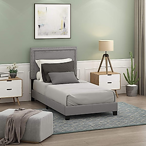 Furinno Laval Double Row Nail Head Upholstered Platform Bed Frame, Twin, Glacier
