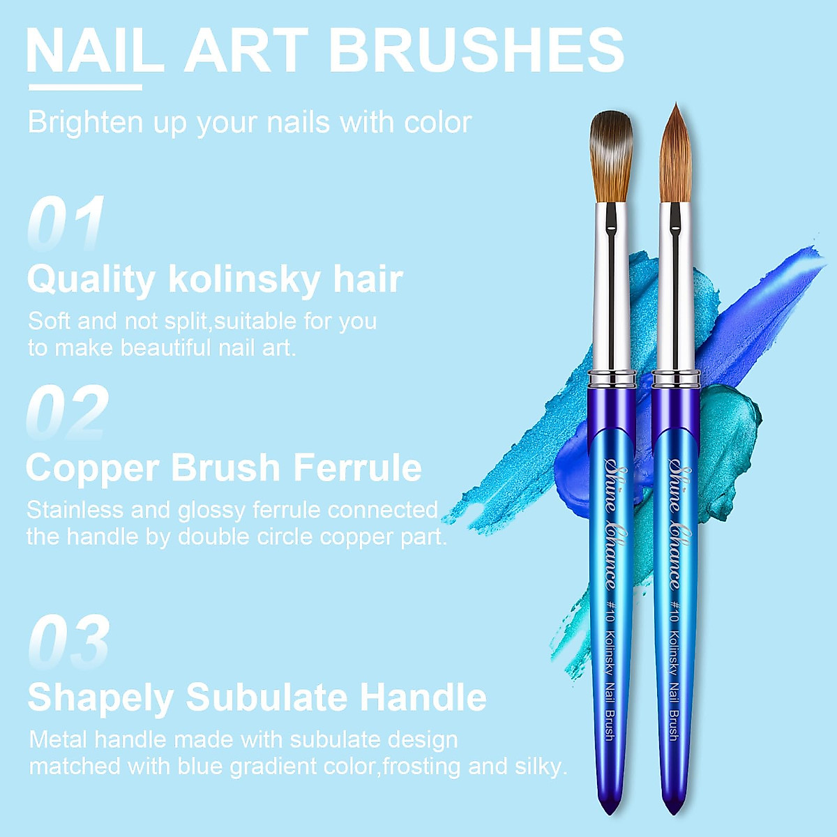 Shine Chance Acrylic Nail Brush Size 10, 100% Pure Kolinsky 3D Art Nail Brush with Gradient Blue Handle, Art Design Powder Nail Brush Pen for Nails Extension & Carving, Acrylic Application Tools