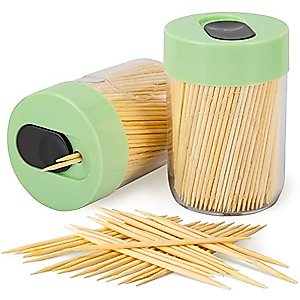 Urbanstrive Sturdy Safe Toothpick Holder with 800 Natural Wood Toothpicks for Teeth Cleaning, Unique Home Design Decoration, Unusual Gift, 2 Pack, Green