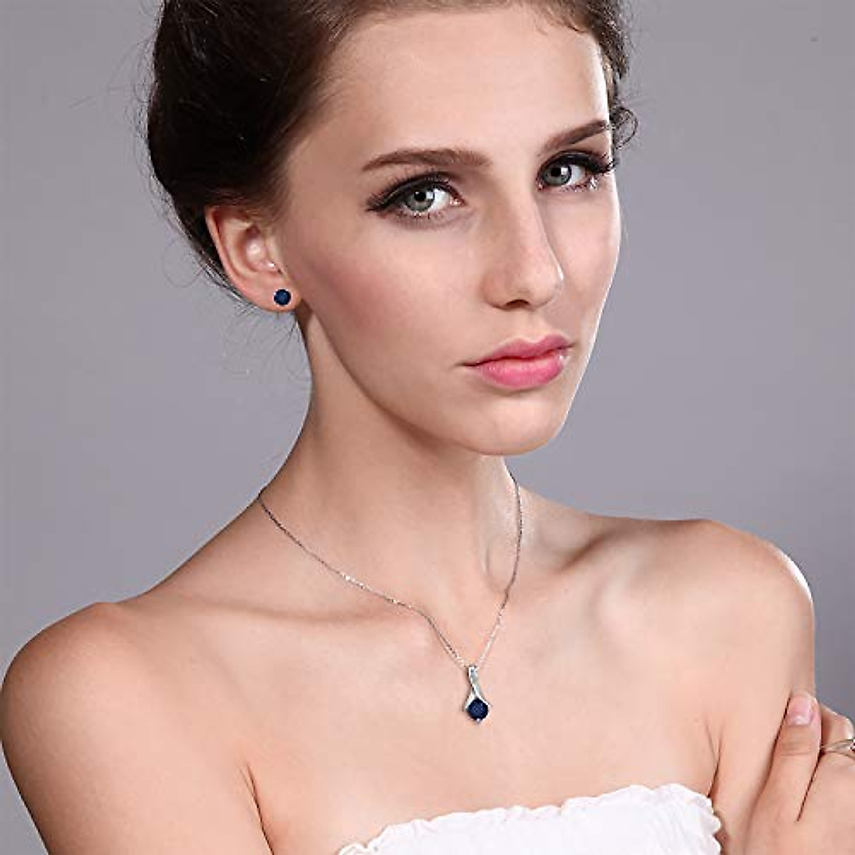 Gem Stone King 925 Sterling Silver Blue Sapphire and White Diamond Pendant and Earrings Jewelry Set For Women (3.05 Cttw, with 18 Inch Silver Chain)